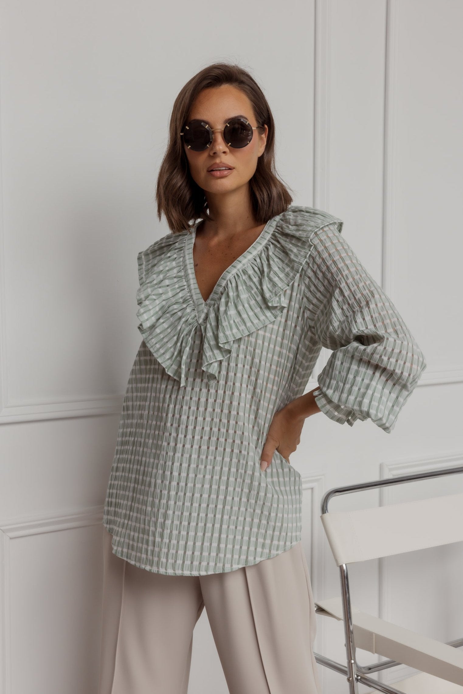 BILLY Blouse Chequer Sage – A L E X A N D R A